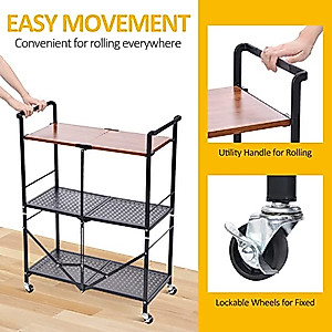 TOOLF 3-Shelf Foldable Storage Shelves with Wheels, Large Capacity Shelving Unit, Freestanding Metal Wire Shelf Rack, Organizer Rack for Garage Kitchen, Basement, Pantry, 1 Piece, Black