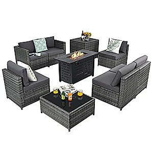 Tangkula 9 Pieces Patio Rattan Furniture Set, Patiojoy Sectional Sofa Set w/Fire Pit Table, Storage Box, Coffee Table, Outdoor Wicker Conversation Set w/ 42” Propane Fire Pit Table (Grey)