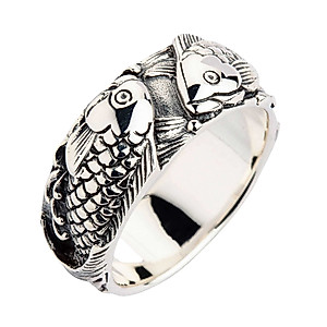 Sterling 925 Silver Japanese Koi Fish Wedding Band Rings Size 9.5