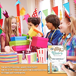 Chuxvon 1st Birthday Party Invitations, Surf Birthday Invitations, Double-Sided Retro Surf Van Surfboard Themed Fill In Invites, Beach Birthday Party Decorations, 20 Cards With 20 Envelopes(B01)