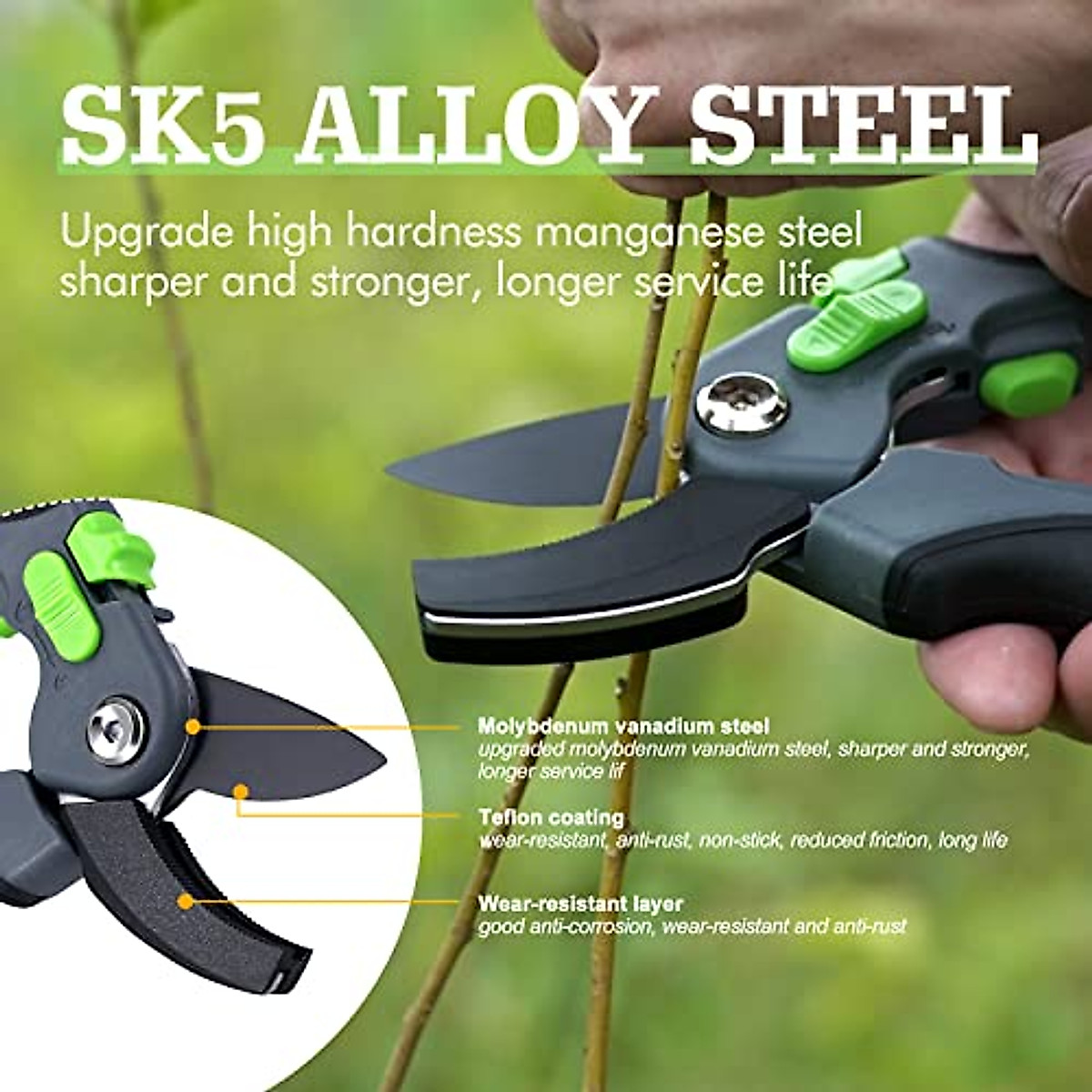 8" Garden Pruning Shears for Thick Branches, Heavy Duty Labor-Saving Clipper Tree Trimmers Secateurs with adjustable Size for Small&Big Hands, Hand Pruner, Bonsai Cutters with Shockproof Cushion