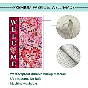 Baccessor Valentine's Day Welcome Garden Flag Double Sided Tulips Hugs Kisses Be Mine Love Heart Burlap Flag 12.5x18 inch Spring Seasonal Holiday Yard Outdoor Decoration