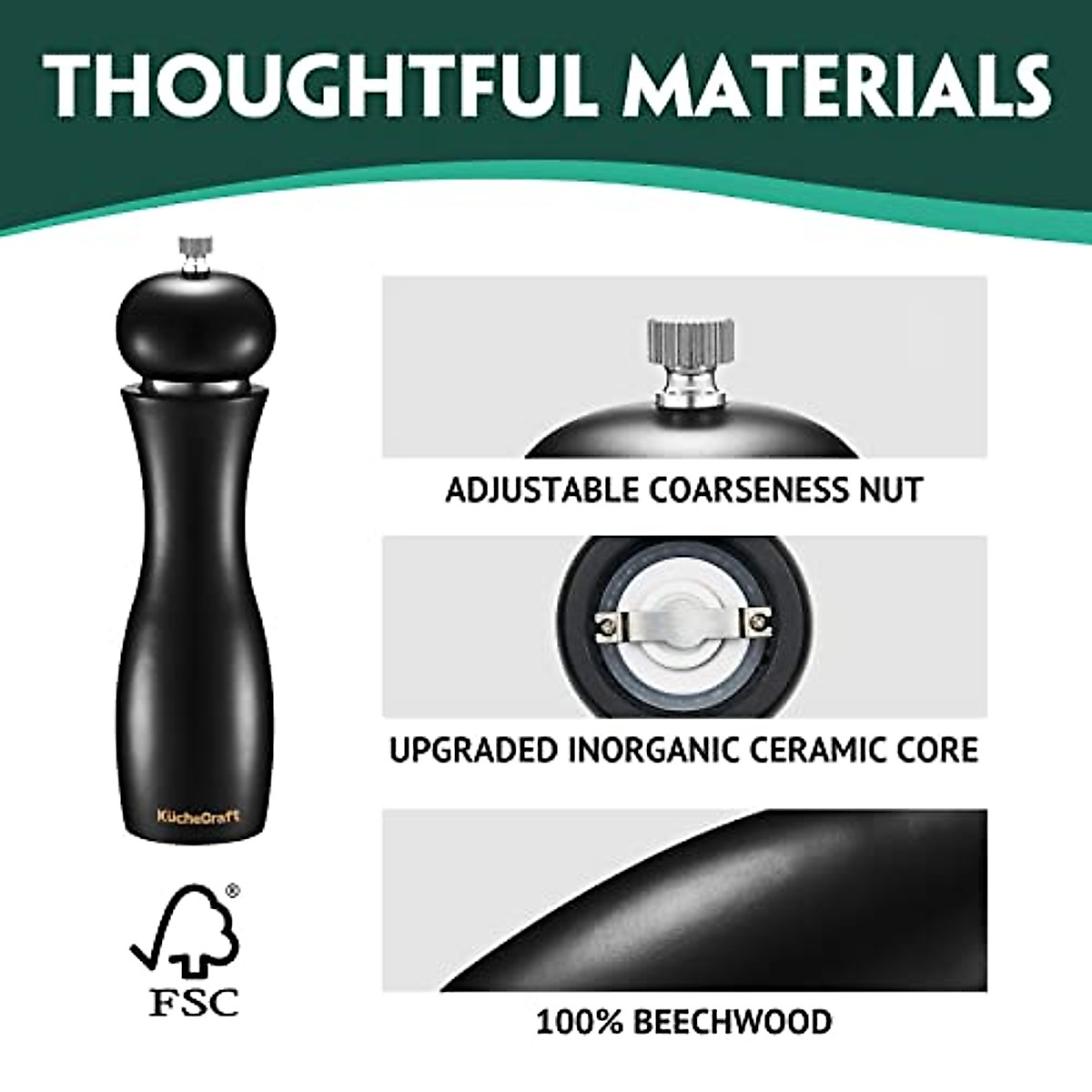 KucheCraft Wooden Pepper Grinder Refillable - Premium Beech Wood Pepper Mill Grinder with Adjustable Ceramic Grinder - 8 In Manual Matte Black Peppermill