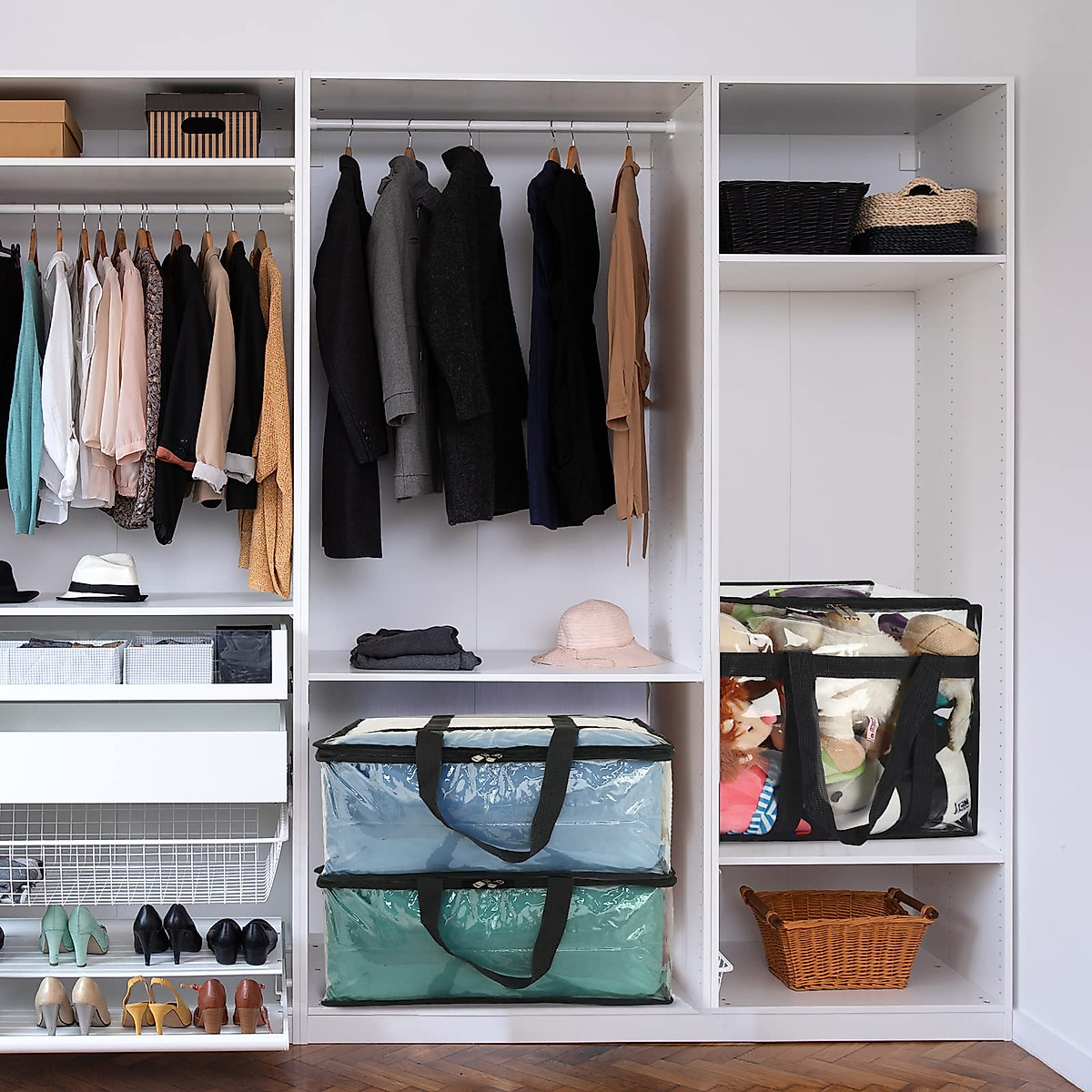 Fixwal 4 Pack Clear Clothes Storage Bags Organizer, 60L Moving Storage Totes with Sturdy Zipper, Bedding Storage Containers with Reinforced Handles for Blankets Comforter Space Saver(Black)