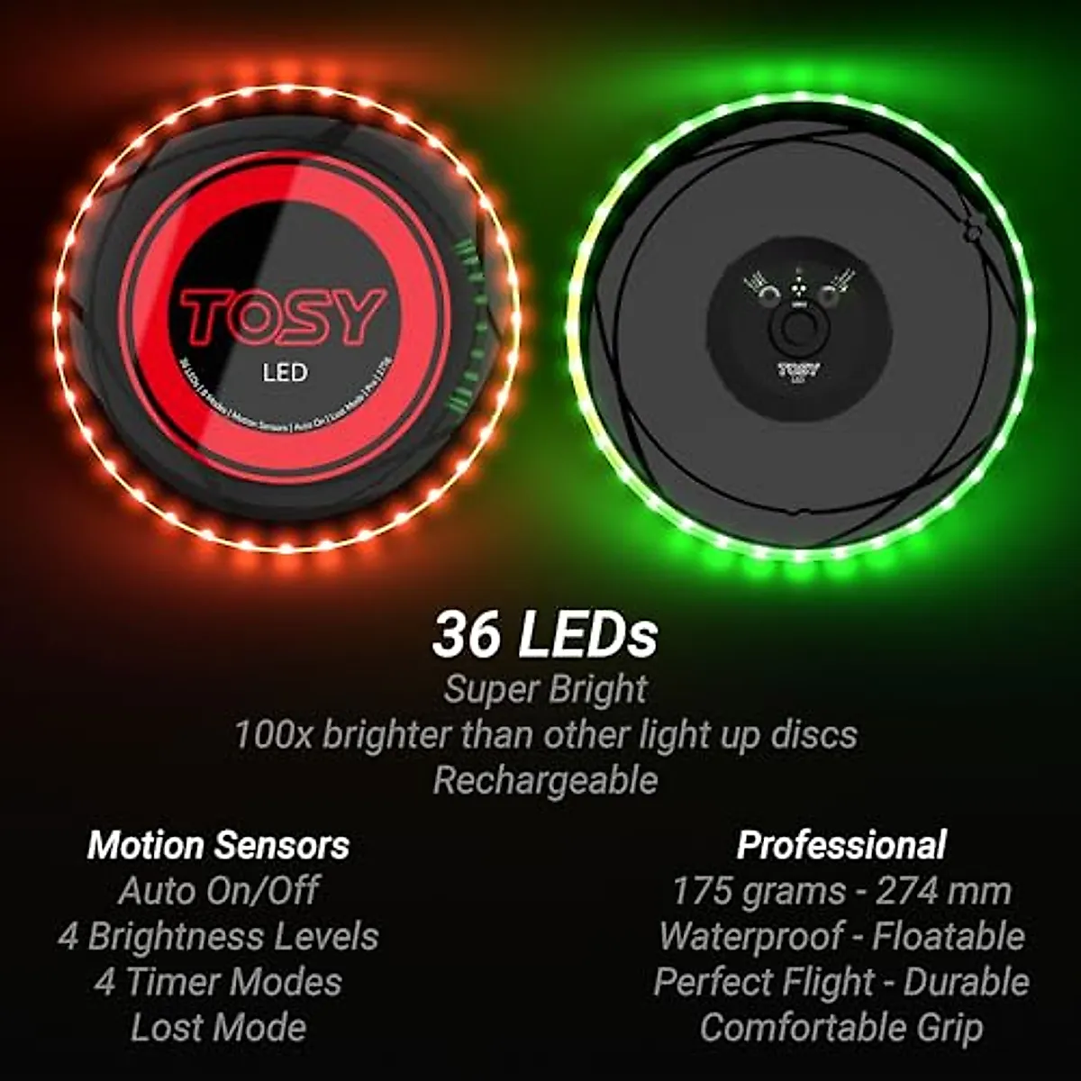 TOSY Flying Disc - 36 LEDs, Extremely Bright, Smart Modes, Auto Light Up, Rechargeable, Cool Valentine, Easter, Birthday & Camping Gift for Men/Boys/Teens/Kids, 175g Frisbee