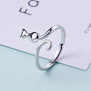 RINHOO FRIENDSHIP 4Pcs Cute Cat Rings Silver Plated Pet Open Adjustable Finger Statement Ring for Women (SET 1)