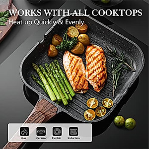 SENSARTE Nonstick Grill Pan for Stove Tops, Versatile Griddle Pan with Pour Spouts, Square Grill Pan for Big Cooking Surface, Durable Grill Skillet for Indoor & Outdoor Grilling. PFOA Free, 9.5 Inch