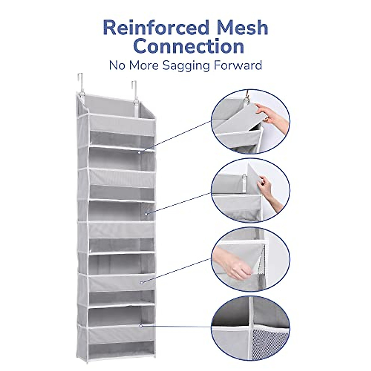 ULG 1 Pack Over Door Organizer with 5 Large Pockets 10 Mesh Side Pockets, 44 lbs Weight Capacity Hanging Storage Organizer with Clear Window for Kids Toys, Shoes, Diapers, Grey, 5 Layer