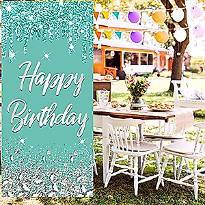 Teal Silver Birthday Door Banner Decorations, Breakfast Blue Birthday Theme Sign Decor for Girl Women, Sweet 16 18th 21st 30th 40th 50th 60th Birthday Party Supplies