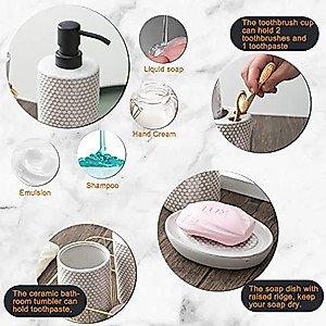 Kendiis Bathroom Accessories Set 4 - Ceramic Bathroom White Accessory Completes with Soap Dispenser, Toothbrush Holder, Tumbler, Soap Dish - Modern Decor, Bathroom Home Decor, Countertop Organize