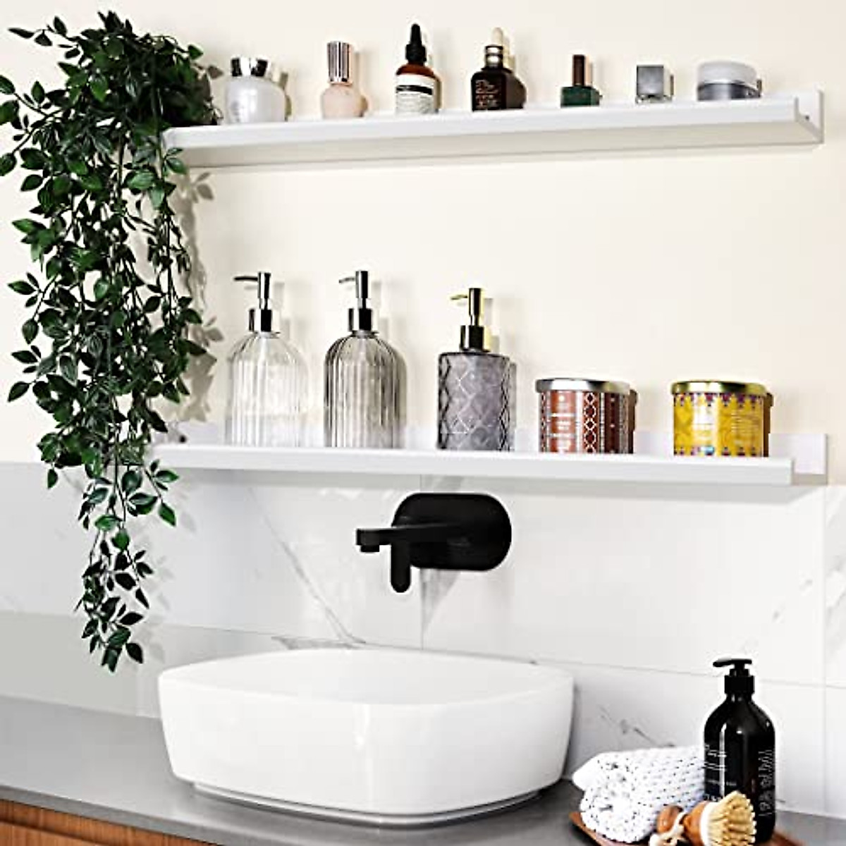 Annecy Floating Shelves Wall Mounted Set of 3, 36 Inch White Rustic Wood Shelves for Wall, Wall Storage Shelves with Guardrail Design for Bedroom, Bathroom, Kitchen, Office, 3 Different Sizes