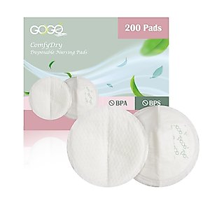 GoGo Pure 200CT ComfyDry Disposable Nursing Pads, Ultra-Thin, Quick Absorbency, 5.12 Inches in Diameter Full Coverage, 3D Contoured Design, Keep Dry Continuously, Individually Wrapped