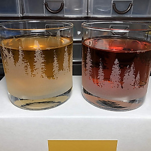 Alankathy Mugs Forest Landscape Whiskey Glass Rock Glasses Set of 2 Heavy Base Etched