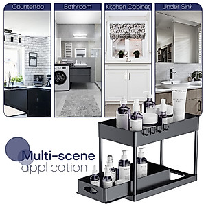 Cucn Under Sink Organizer, 2 Tier Under Sliding Cabinet Basket Organizer Drawer with Hooks, Under Sink Organizers and Storage Under Cabinet Storage for Bathroom Kitchen, Black