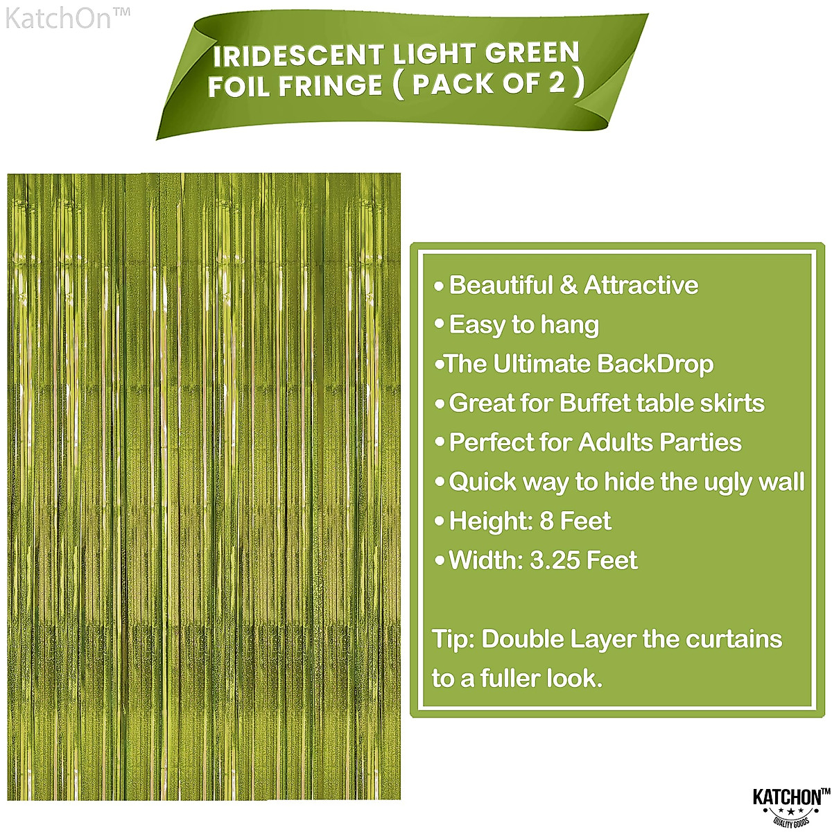 KatchOn, Sage Green Foil Fringe Curtain - 3.2x8 Feet, 2 Pcs | Sage Green Backdrop for Jungle Party Decorations | Sage Green Party Decorations, Wild One Birthday Decorations | Frog Party Decorations