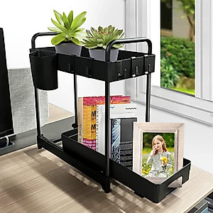 RASHNU 2 Pack Under Sink Organizers and Storage, 2 Tier Under Bathroom Storage Rack with 6 Hooks, Multi-purpose Storage for Bathroom Kitchen Cabinet, Black