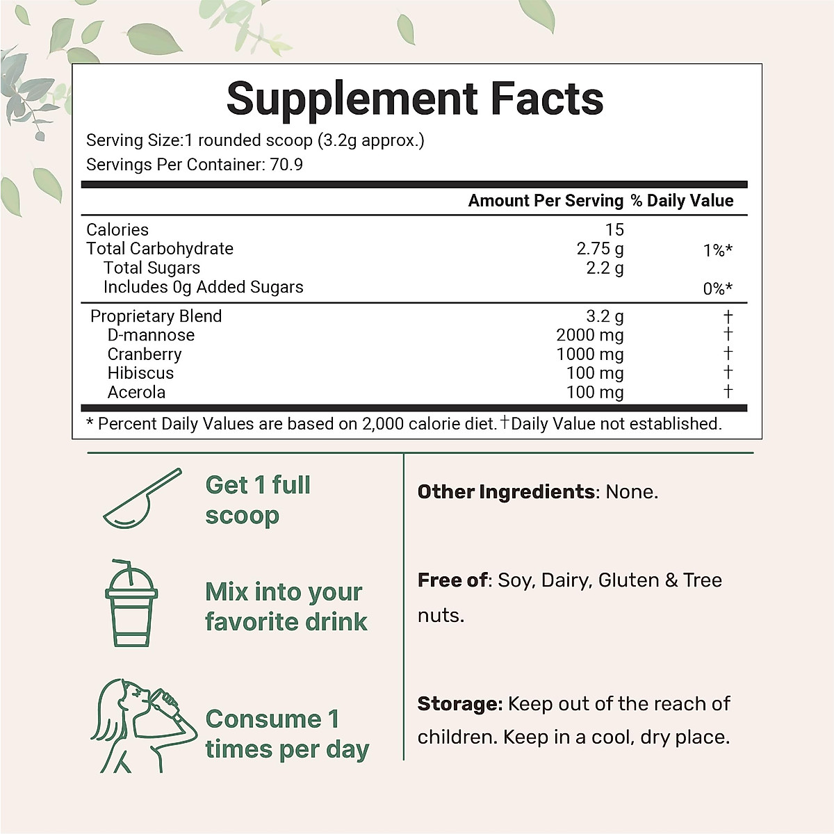 Micro Ingredients D Mannose with Cranberry Powder, 8 Ounces, Quick Flushing, Fast Acting | Urinary Tract & Bladder Health Support | 4-in-1 with Hibiscus & Acerola | Vegan Friendly, Non-GMO