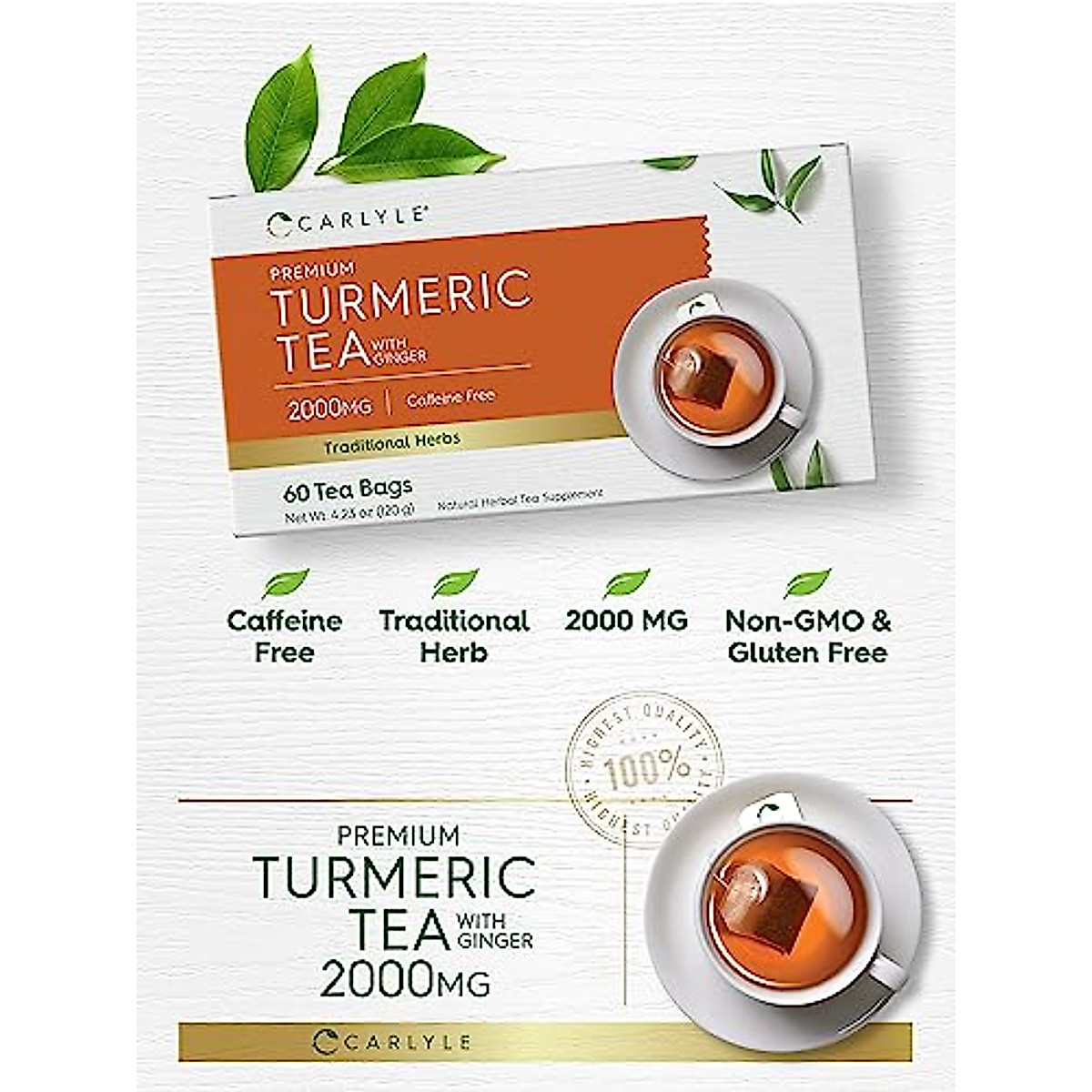 Turmeric Tea with Ginger | 60 Tea Bags | Caffeine Free | Non-GMO & Gluten Free Herbal Tea Supplement | by Carlyle