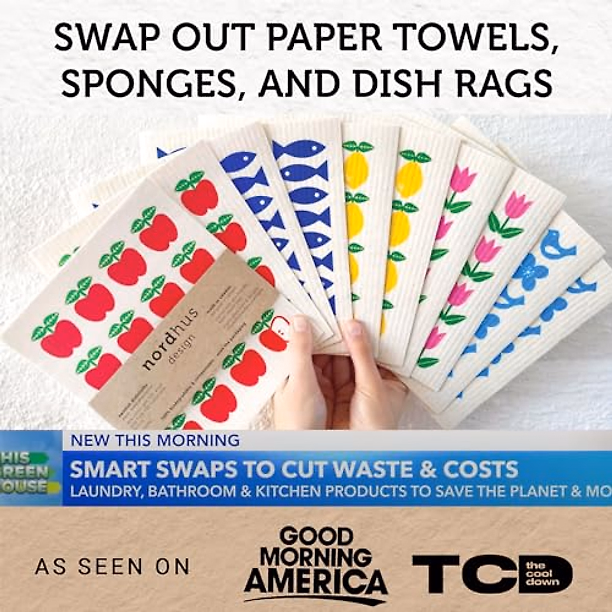 Nordhus Design Swedish Dishcloths for Kitchen, 10 Cloths, Made in Sweden - Reusable, Washable Cellulose Cotton Kitchen Cloths - Replace Paper Towels, Wipes, Sponges, Dish Rags