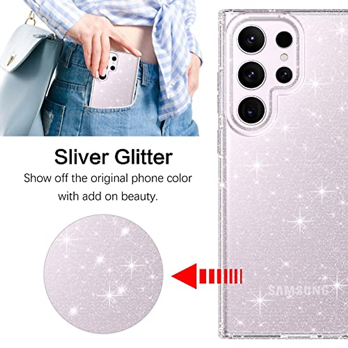 VENINGO Samsung S23 Ultra Case, 3 in 1 Full Body Protective Crystal Transparent S Pen Friendly Design Heavy Duty Hybrid Shockproof Phone Cover for Samsung Galaxy S23 Ultra 5G 6.8" 2023, Glitter Clear