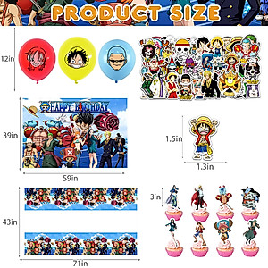 176Pcs One Piece Birthday Party Supplies, Anmie Birthday Party Decorations for 12 Guests, Include Happy Birthday Banner, Backdrop, Tableware Set, Tablecover, Cake Toppers, Balloons Set and Stickers