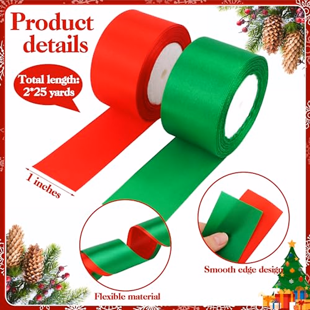 2 Rolls Christmas Ribbon 1 Inch X 50 Yards Red and Green Satin Ribbon Double Faced Polyester Holiday Ribbons for Gift Wrapping Wedding Decor