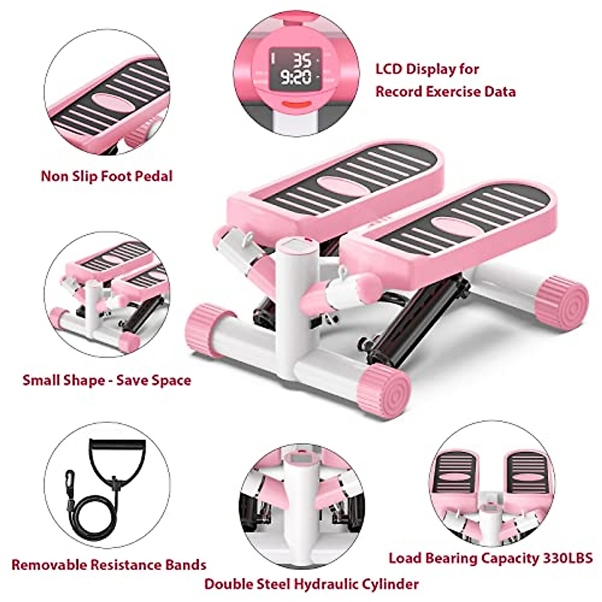 Kweetle Steppers for Exercise, Mini Stair Stepper with Resistance Bands & Mat, Stepper Machine 330lbs Bearing Capacity with LCD Display for Home Office Workout Training, Pink