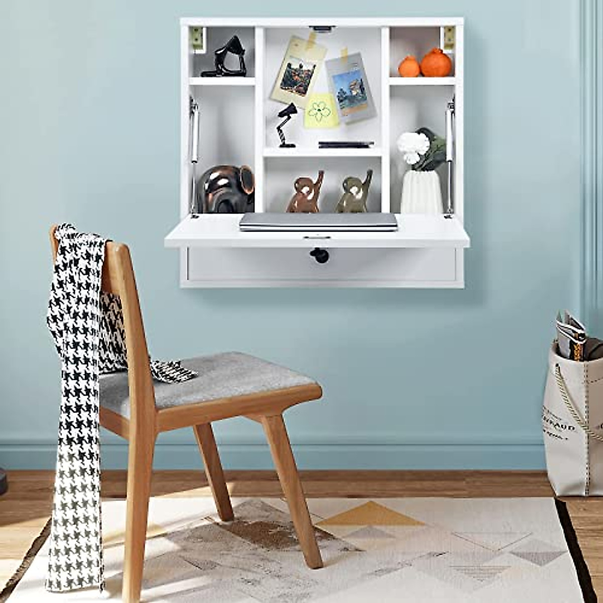 IFANNY Wall Mounted Desk, Wall Computer Desk w/Storage Drawer & Shelves, Compact Floating Desk for Wall, Space Saving Wall Desk Fold Down, Wall Desks for Small Spaces (White)