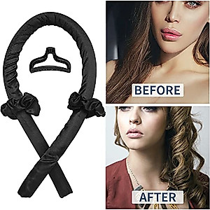 Heatless Curling Rod Headband No Heat Silk Ribbon Curling Rod Hair Roller Curls with Hair Claw Clip Lazy Natural Soft Wave DIY Hair Rollers Styling Tool for Sleep in Overnight (Black)