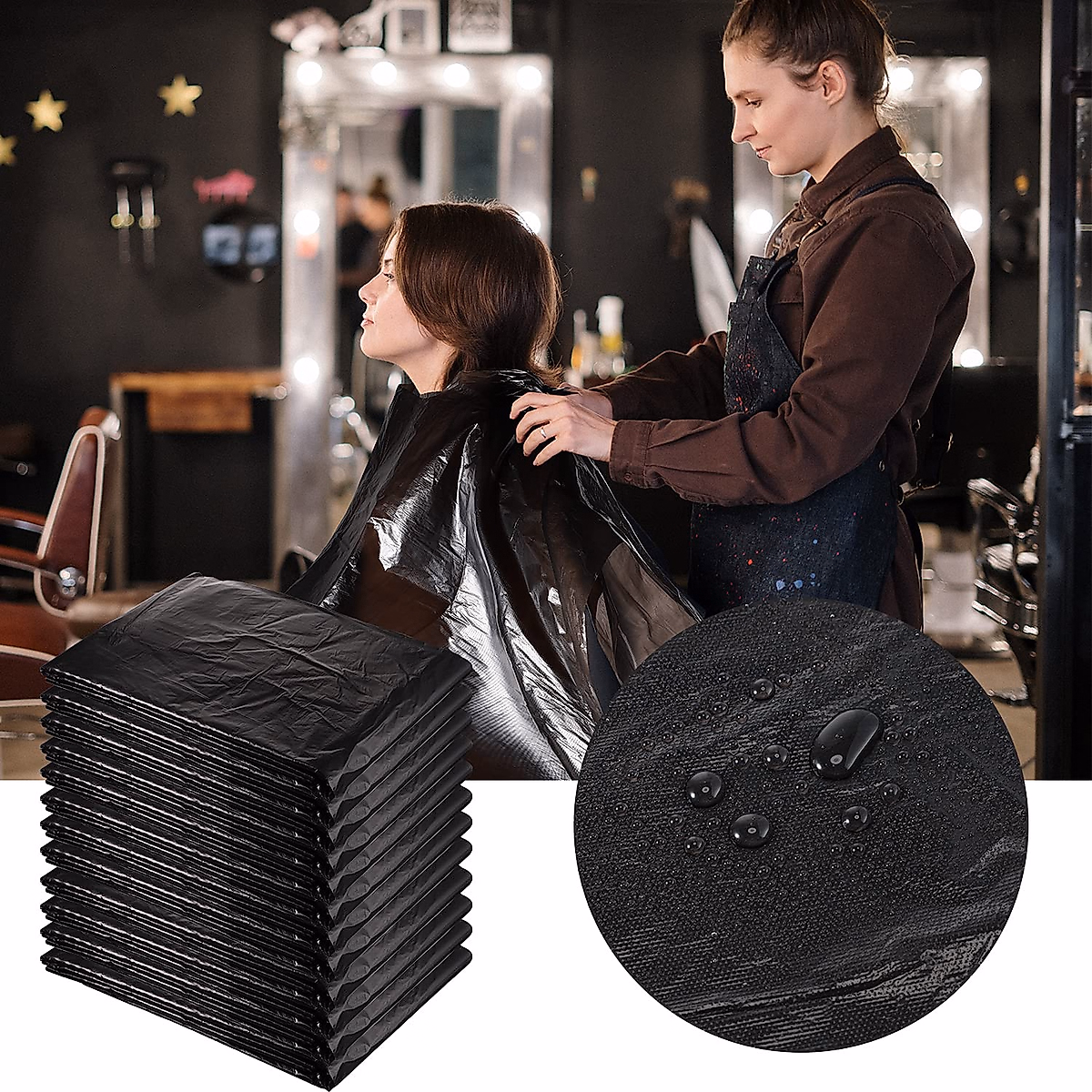 100 Disposable Salon Cape Waterproof Hair Dye Cutting Coloring Apron Shawl Barber Shampoo Cape (Black, 51.2 x 36.2 Inch)