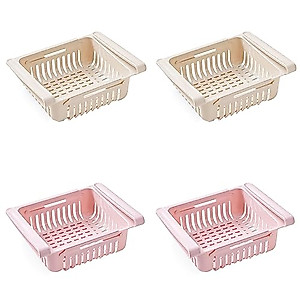 YIWULA 4PCS Drawer for Fridge Kitchen Organizer Refrigerator Storage Rack Fridge Freezer Shelf Holder Pull-Out Drawer Space (Beige+Pink)