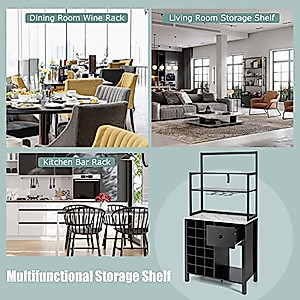 Giantex Sideboard with Hutch Shelf, Buffet Wine Cabinet, 18 Bottles Wood Wine Rack, 1 Drawer, Standing 4-Tier Bakers Rack with Glass Holder, Kitchen Microwave Stand Living Room Black