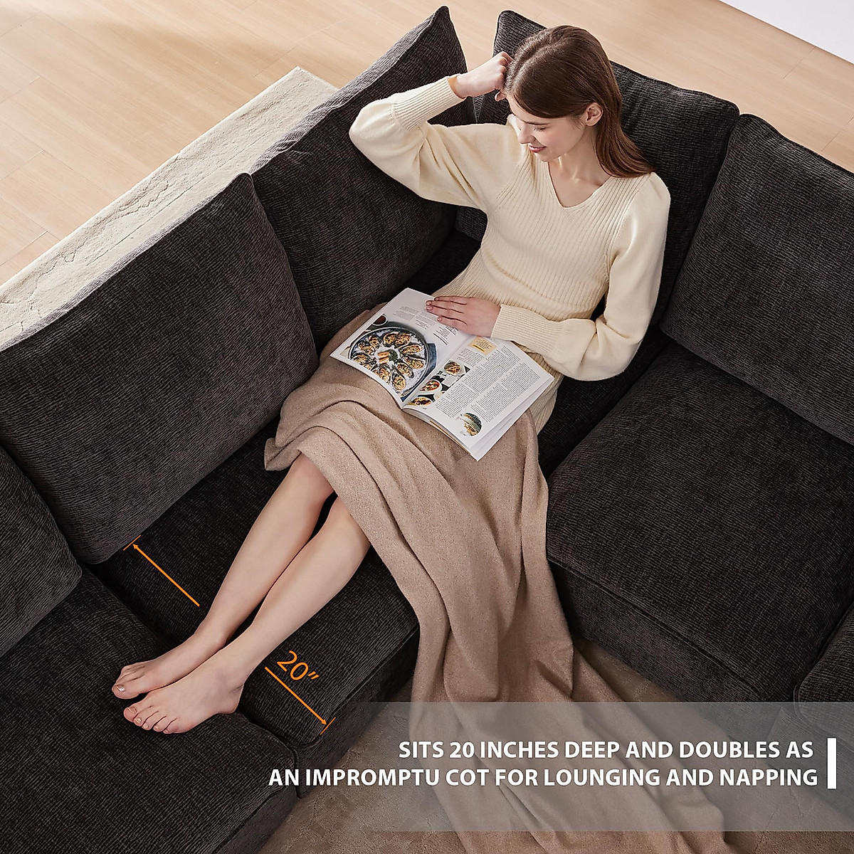 7 Seat Chenille Sectional Couch Set with 2 Pillows, 110*84" Modern U Shape Modular Sofa Set with Removable Ottoman, Freely Combinable Indoor Funiture for Living Room, Apartment, Office (Black * 1)