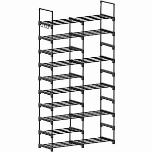 CASAMAYA Shoe Rack, 10 Tier Metal Shoe Organizer, DIY Tall Shoe Storage Shelf for 32 Pairs of Shoes and Boots, Space-Saving, Easy to Assemble, Entryway, Black SRT210B01