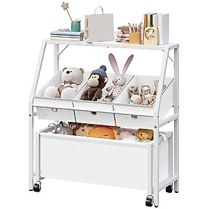 MAHANCRIS Toy Storage Organizer for Kids, Toddler Toy Storage with Wheeled, Toy Storage Shelf with 3 Storage Bin, for Living Room, Nursery, Playroom, Bedroom, White SCBW16801