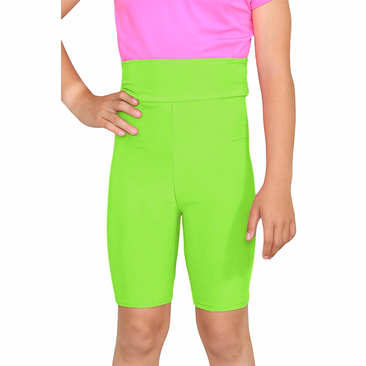 Janisramone Girls High Waisted Cycling Shorts Kids Plain Microfiber Gymnastics Dance Shorts Neon Green