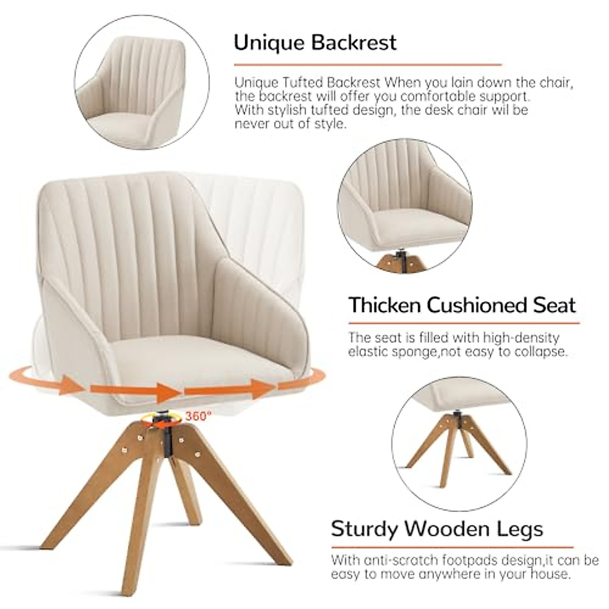 Furniliving 36.8'' Mid Century Modern Swivel Accent Chair for Living Room, Wood Desk Chair with Arms Mid Back Arm Chairs Upholstered Home Office Chair No Wheels for Home Office/Bedroom, Beige