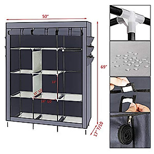 Simply-Me Wardrobe Storage Closet Portable Closet Clothes Storage Organizer Non-Woven Fabric Closet Organizers and Storage Shelves with Side Pockets,69-Inch (Gray)