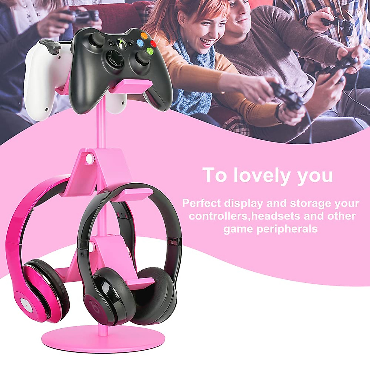 KELJUN Controller Holder Pink,Headphone Stand,3 Tier Multi Adjustable Game Controller Headset Hanger for All Universal Gaming PC Accessories, Xbox PS4 PS5 Nintendo Switch(Cute Pink)