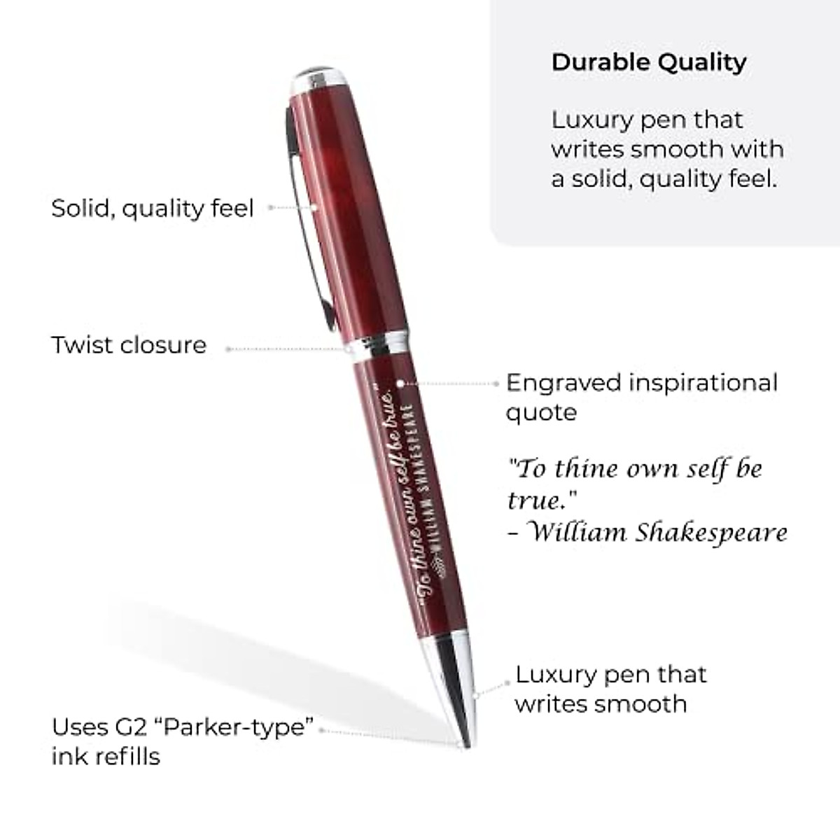 William Shakespeare Engraved Inspirational Quote Pen - To Thine Own Self Be True. - Literary Gifts for Writers Authors Readers Actors Librarians English Teachers