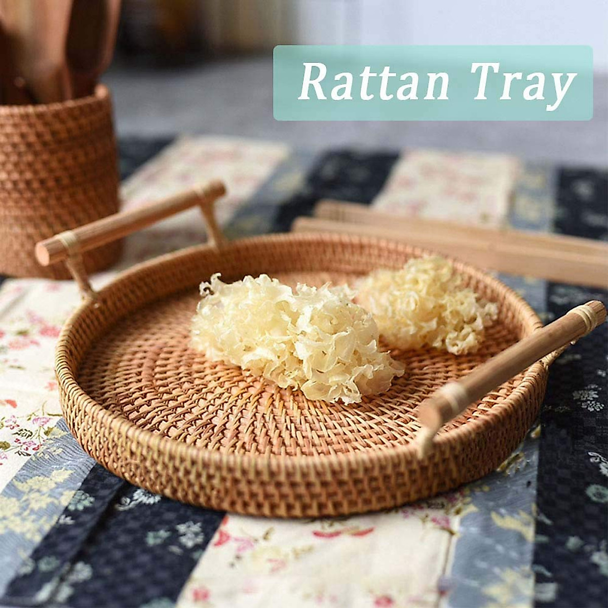 WOSHI 11.02in Rattan Storage Tray Round Basket Wicker Basket Storage Tray with Handle 3 Size Fruit Food Round Basket Display Hand-Woven Rattan Tray (L)