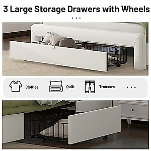 Linique Queen Size Wooden Bed Frame with 3 Storage Drawers,Queen PU Leather Upholstered Platform Bed with Headboard and Charging Station,White