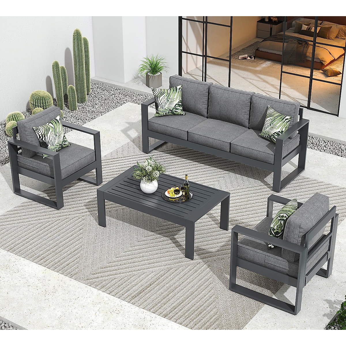 Vakollia Outdoor Aluminum Furniture Set - 4 Pieces Modern Patio Conversation Sets Metal Sectional Sofa with Coffee Table