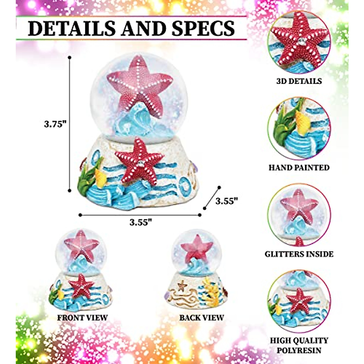 COTA Global Starfish Stone Snow Globe - Sparkly Water Globe Figurine with Sparkling Glitter, Collectible Novelty Ornament for Home Decor, for Birthdays, Christmas, and Valentine's Day