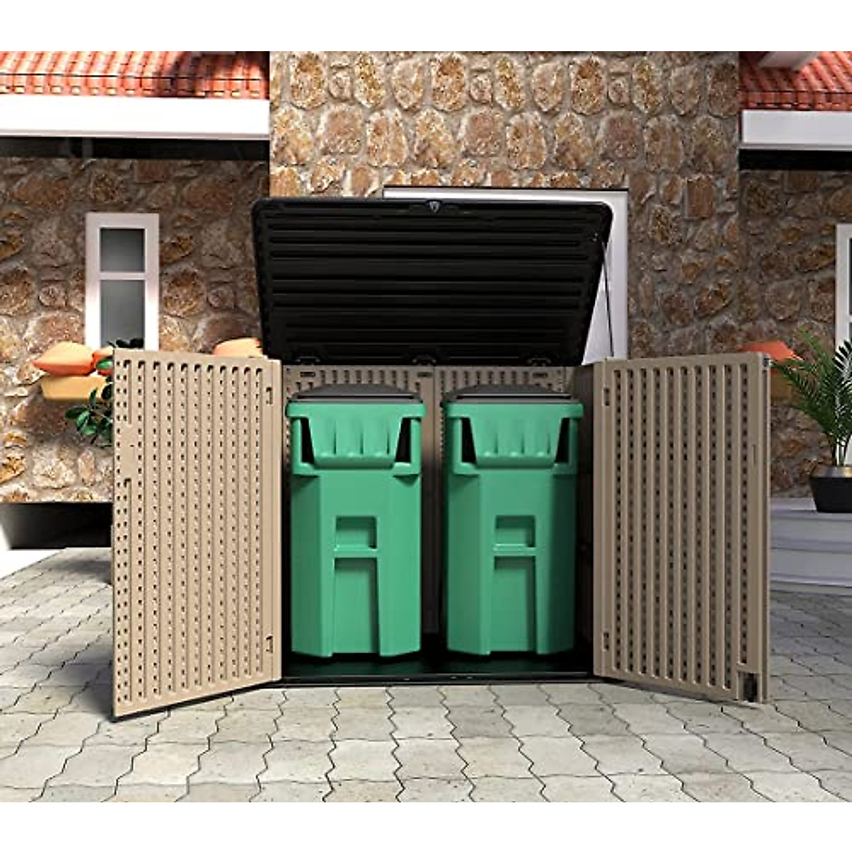 HOMSPARK Horizontal Storage Shed Weather Resistance, Multi-Purpose Outdoor Storage Box for Backyards and Patios, 38 Cubic Feet Capacity for Bike, Lawnmower, Trash Cans, Patio Accessories(Brown)