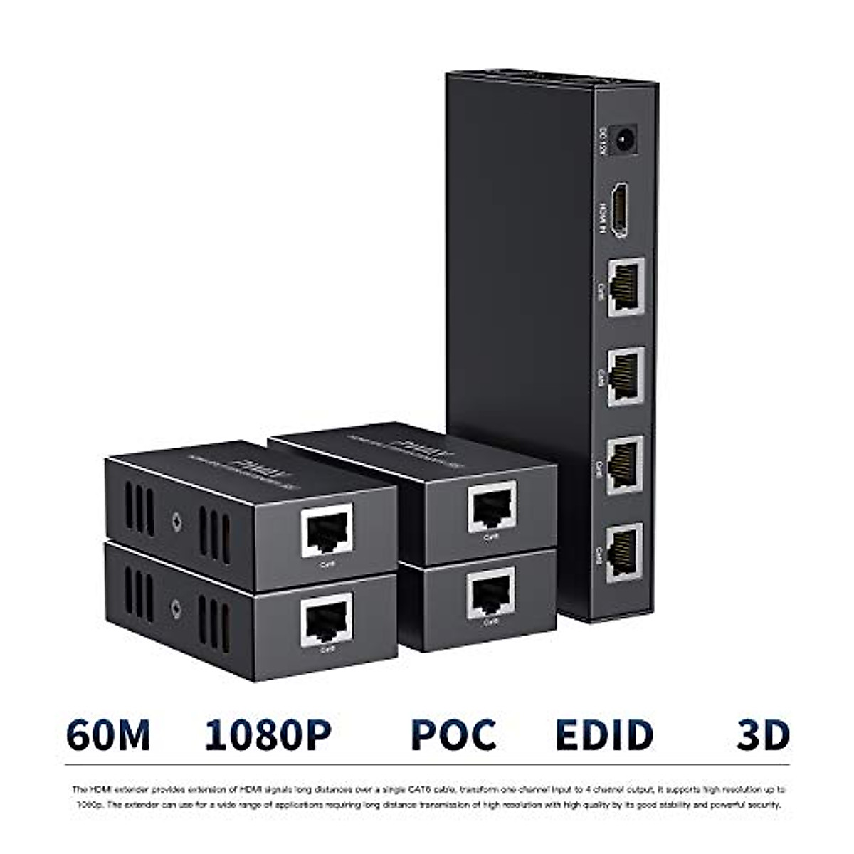 PWAY HDMI Extender Splitter 1x4 Port 1080P Signals Over Cat5e/Cat6 Ethernet Cable Up to 50m/165ft No delay Audio Video 1 in 4 Out for Camera, Laptop, Monitor, TV