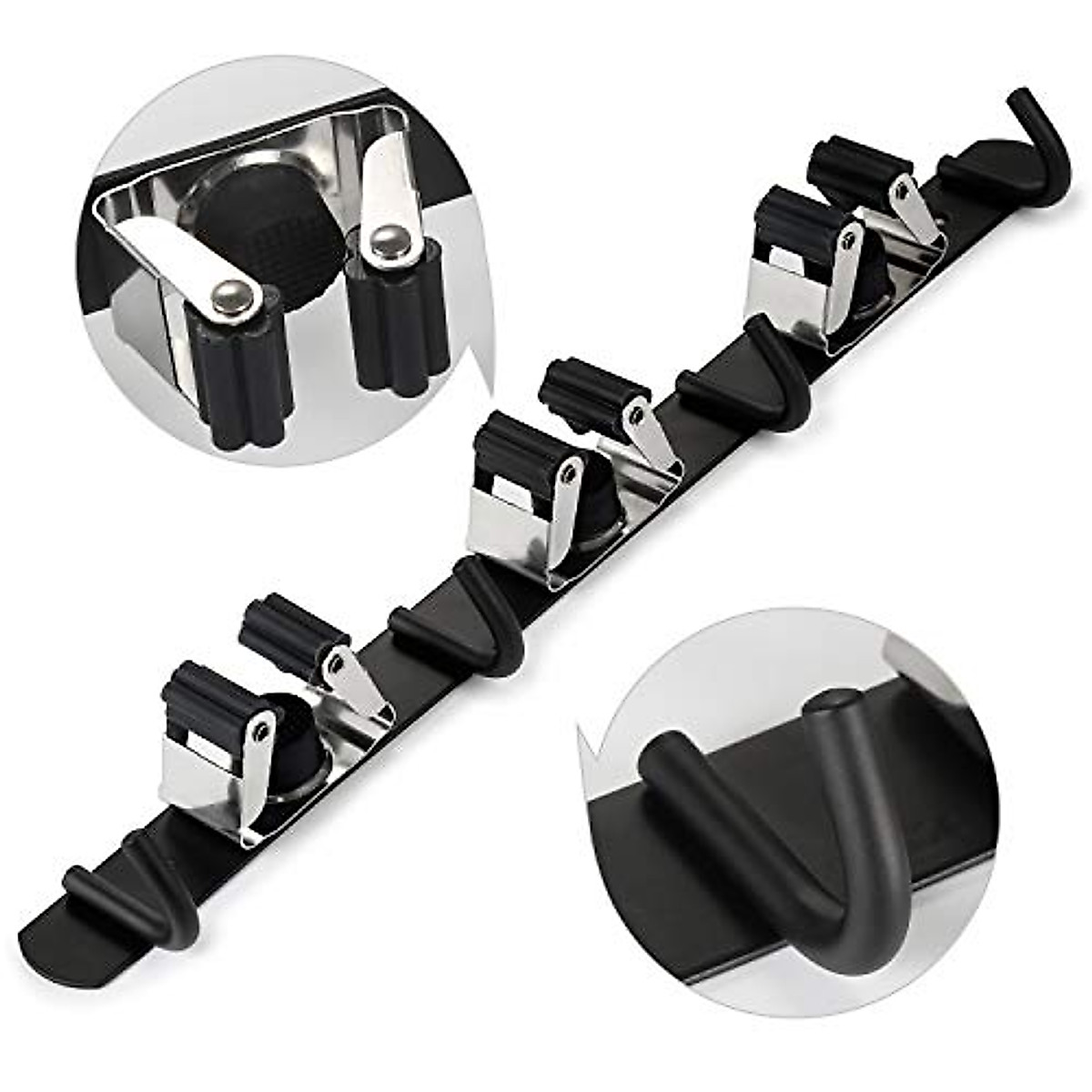 Goowin Broom Holder Wall Mount, Broom Holder, Heavy Duty Stainless Steel Broom and Mop Holder Wall Mounted with 3 Racks 4 Hooks for Bathroom Kitchen Office (Black)