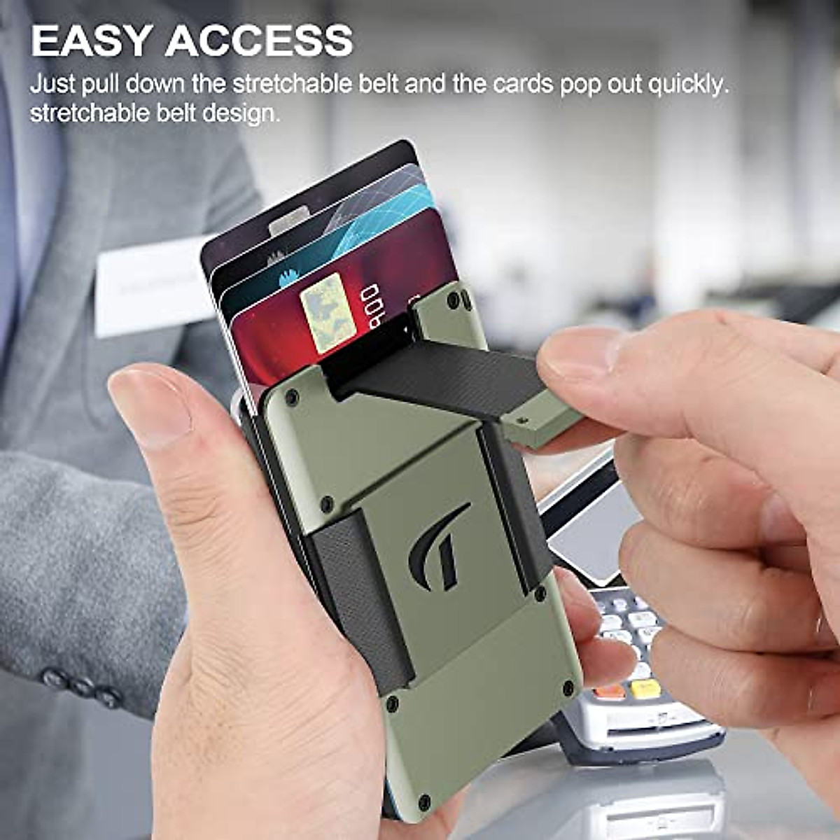 umoven Minimalist Wallet For Men - Aluminum Slim Stretchable Belt Draw-Out Metal Wallet with 1 Clear window ID Badge Holder, Holds up 15 Cards with Cash Strap. (Green)