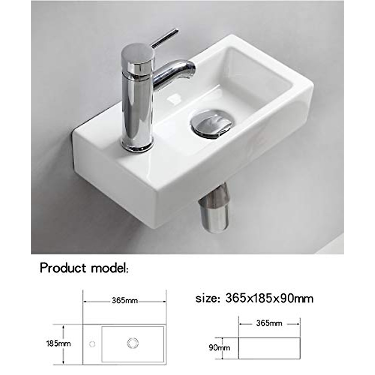 Wall Hung Basin Sink Small Cloakroom Basin Rectangle Ceramic Wash Basin Left Hand with Tap & Drain(Art Deco)