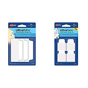 Avery Ultra Tabs, 3" x 1.5", 2-Side Writable, White, 24 Repositionable Filing Tabs (74776) & Avery Mini Ultra Tabs, 1" x 1.5", 2-Side Writable, White, 40 Repositionable Tabs (74788)